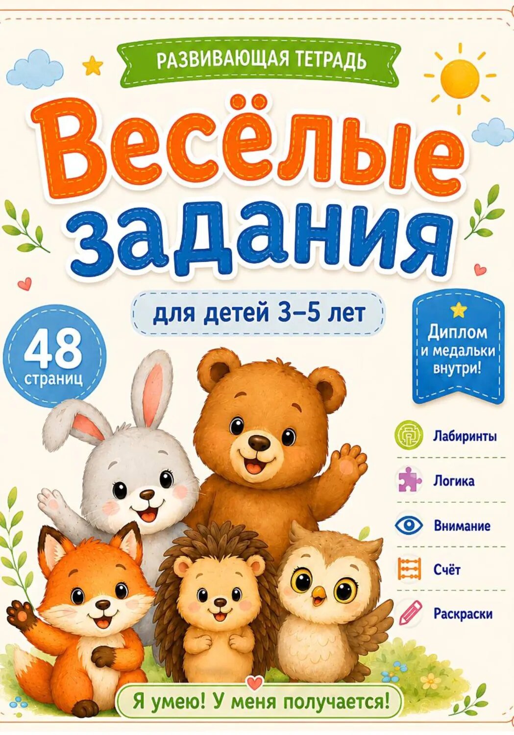 Веселые задания для детей 3-5 лет. Развивающая тетрадь: лабиринты, логика, внимание, счёт, раскраски и награды [Цифровая книга]