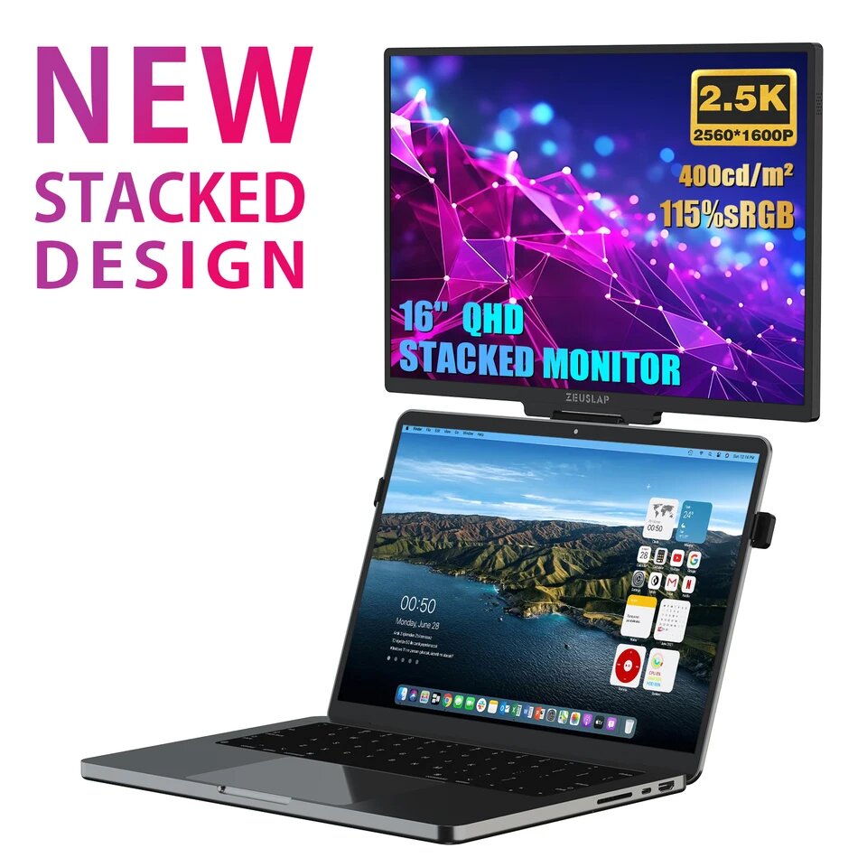 Портативный монитор ZEUSLAP 16" Floatable Stacked QHD 2560*1600P 400 нит IPS панель 16:10 в качестве второго экрана для ноутбука