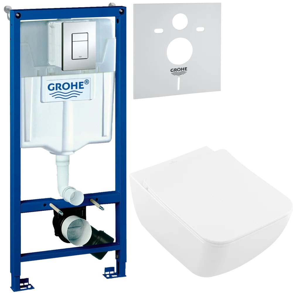 Комплект 3 в 1 Унитаз подвесной Villeroy & Boch Venticello 4611RLR1 / Инсталляция с кнопкой Grohe Rapid SL 38772001 цвет хром / Звукоизоляция 37131000