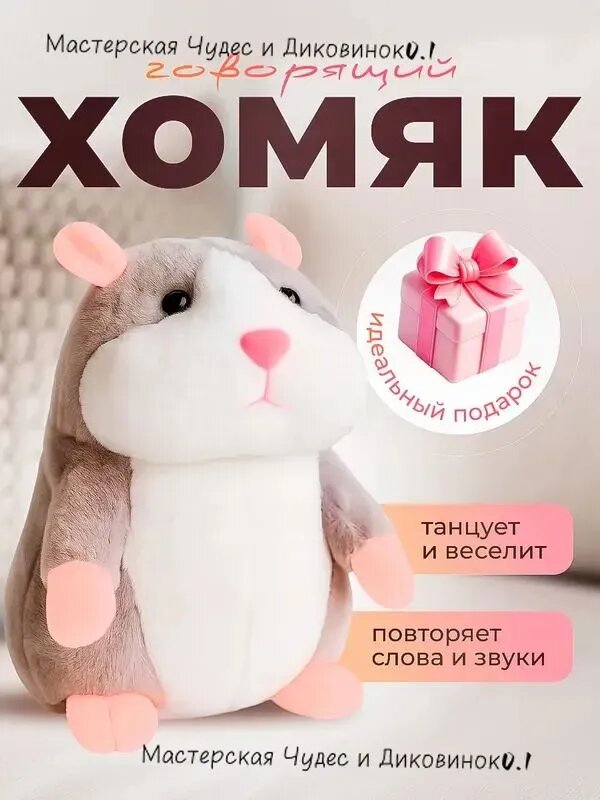 Хомяк - повторюшка/ Говорящий хомячок повторялка со звуковыми эффектами / Мягкая игрушка