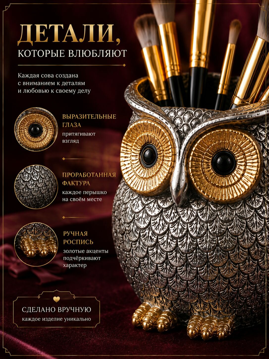 Сова статуэтка для интерьера серебро — фото 1