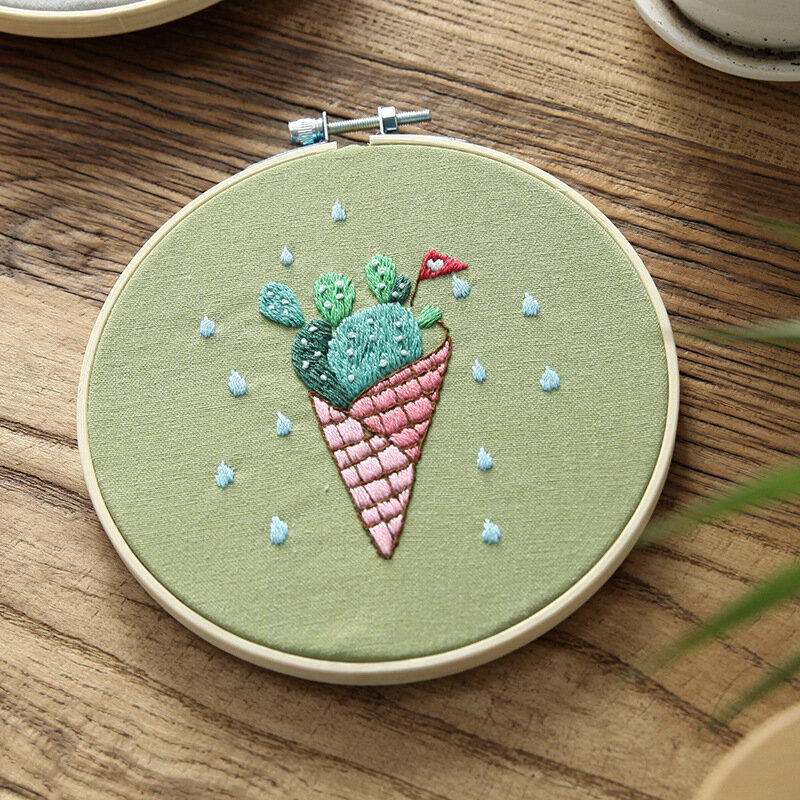Набор для вышивки DIY для висячего искусства - узор кактуса Sweet Cone зеленого цвета, включает 16 см бамбуковый