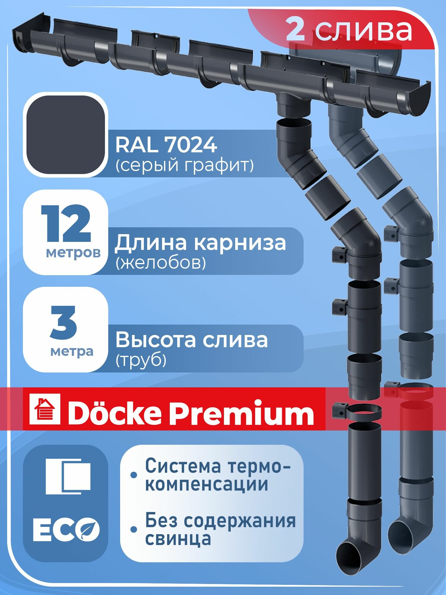 Водосток Деке Премиум RAL 7024 (длина 12 м / высота 3 м) водосточная система для крыши ПВХ 120 / 85 мм ( графит , темно-серый ) комплект элементов для кровли Docke Premium пластик