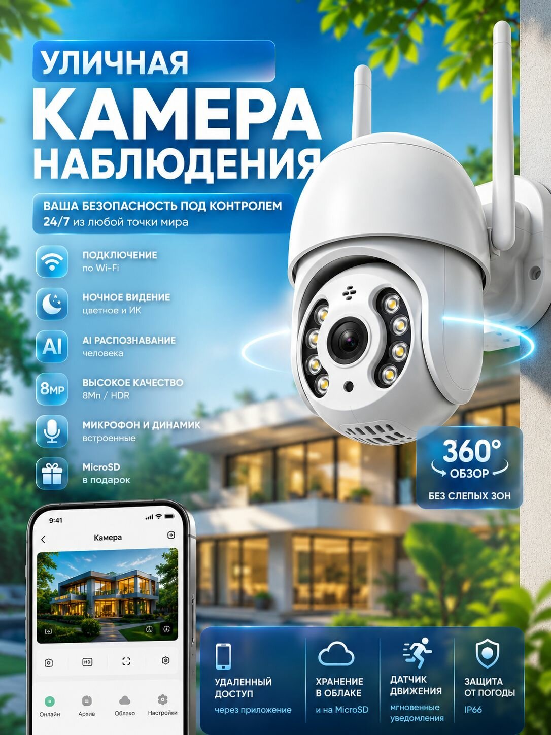 Камера видеонаблюдения Wi-Fi уличная 8Мп
