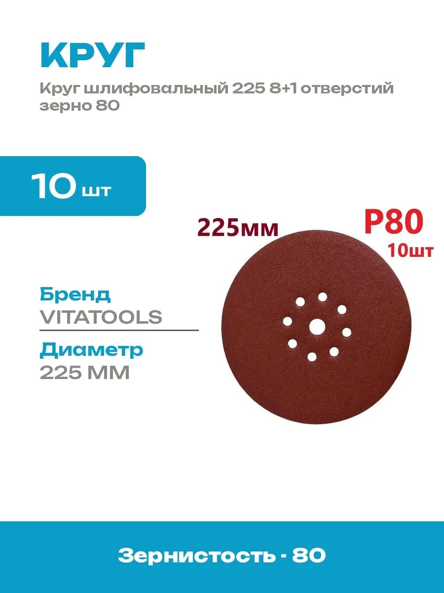 Шлифовальные круги 225 мм 8+1 отверстий Р80 упаковка 10