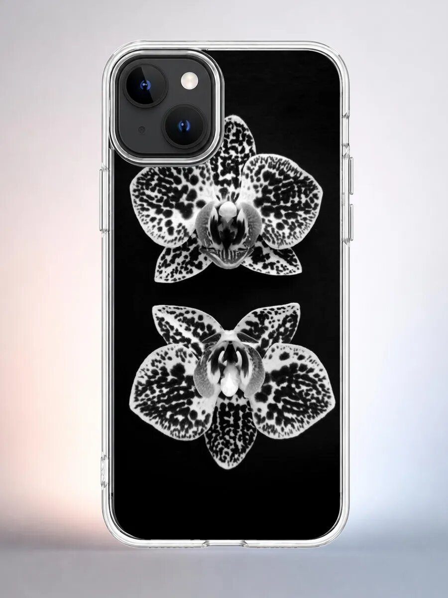 Чехол iPhone 15 леопардовые орхидеи силиконовый прозрачный