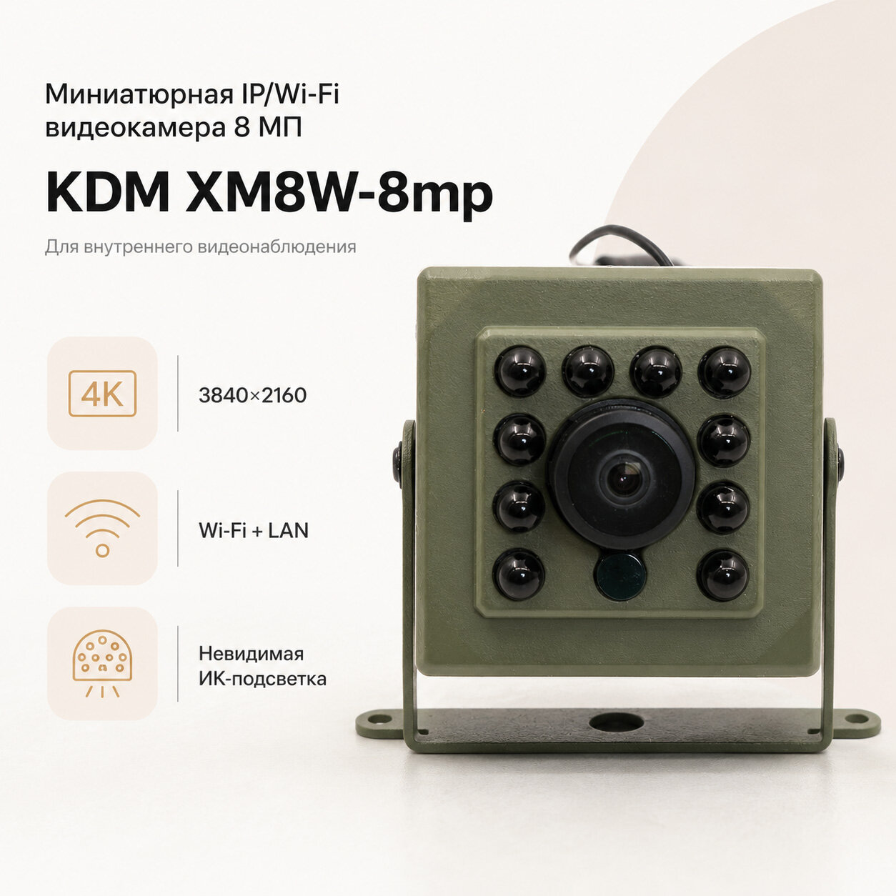 Миниатюрная IP/WiFI видеокамера 8mp (3840х2160) KDM XM8W-8mp (K7251RU) с металлическим корпусом цвета хаки, записью на SD карту по датчику движения и