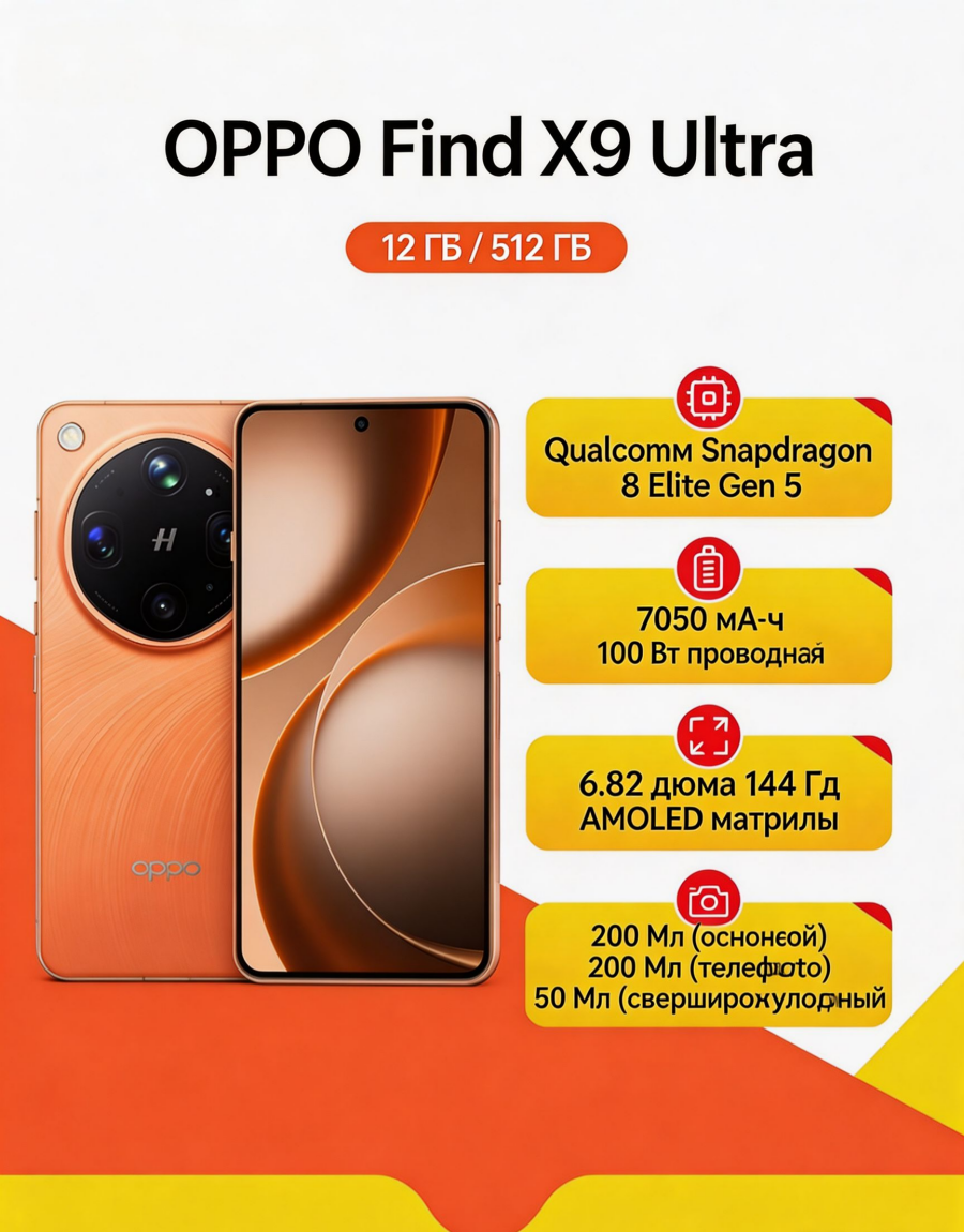 Смартфон OPPO Find X9 Ultra Global 12/512ГБ Snapdragon 8 Elite Gen 5 Hasselblad 200+200+50 МП 7050 мАч Оранжевый