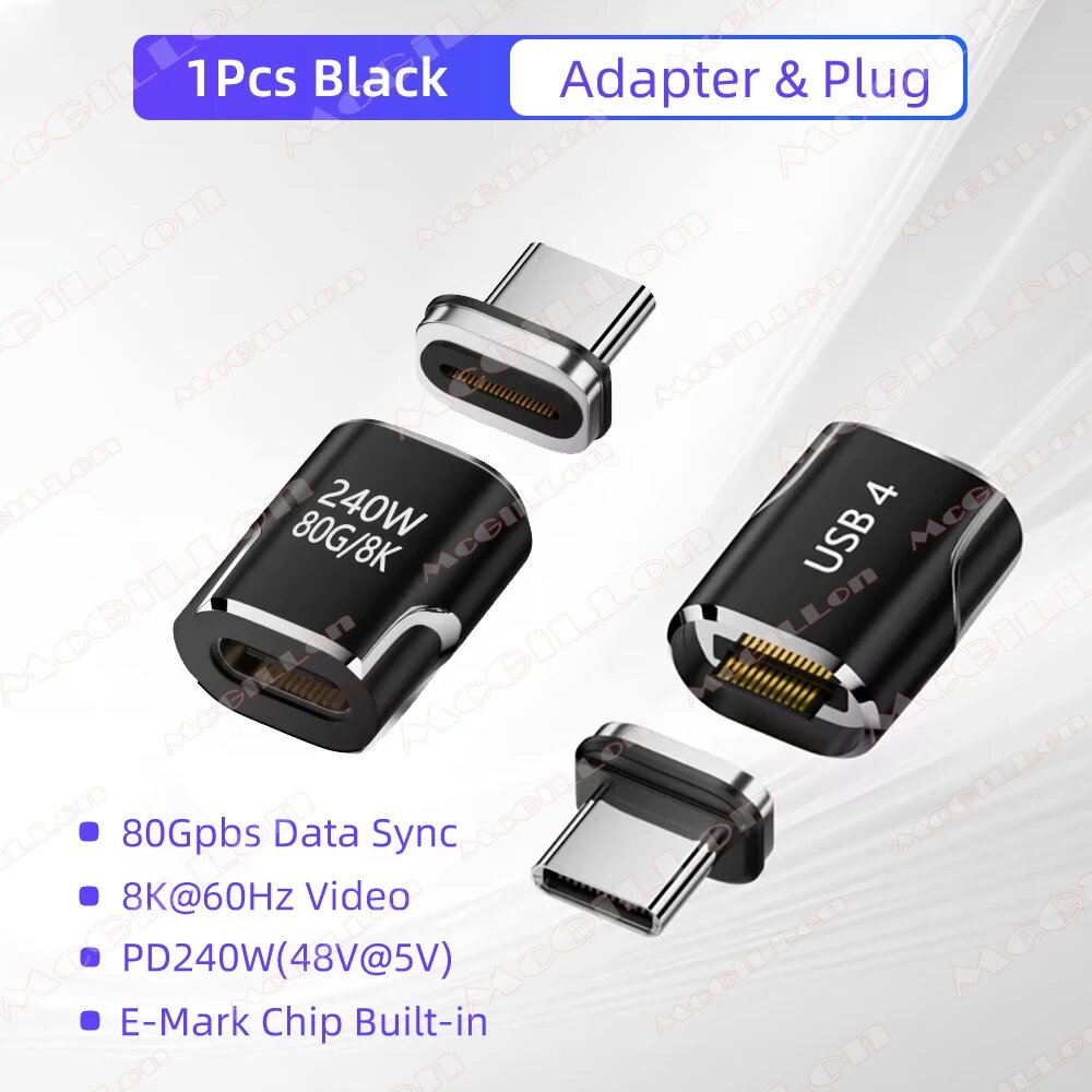 Магнитный адаптер USB4 80 Гбит/с USB-C на Type-C, 240 Вт, для быстрой Черный, 1Pcs Adapter Black