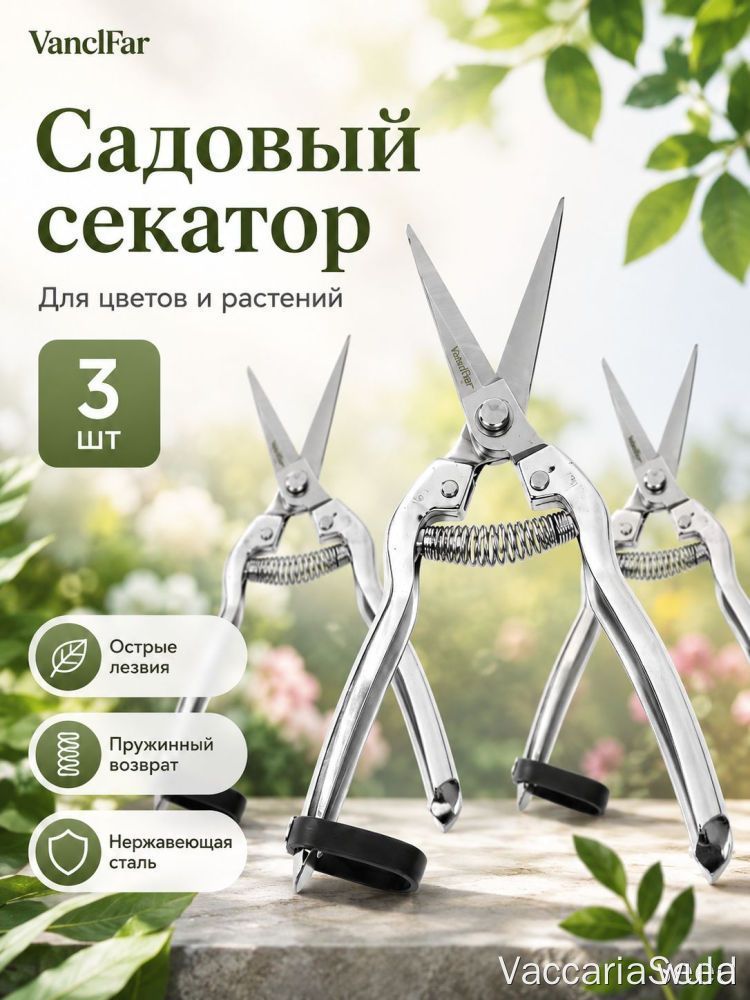 Секатор садовый VancIFar 3 шт нержавеющая сталь пружинный механизм для цветов и растений ножницы для обрезки — фото 1