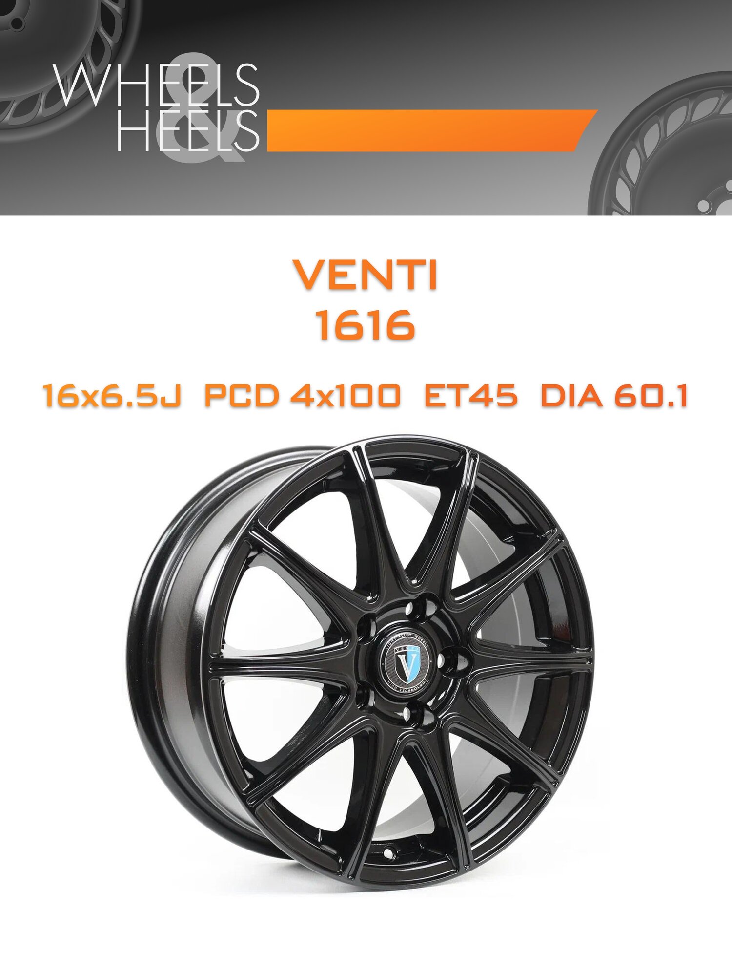 Диск автомобильный литой Venti 1616 16x6.5 4x100 et45 dia60.1 Чёрный