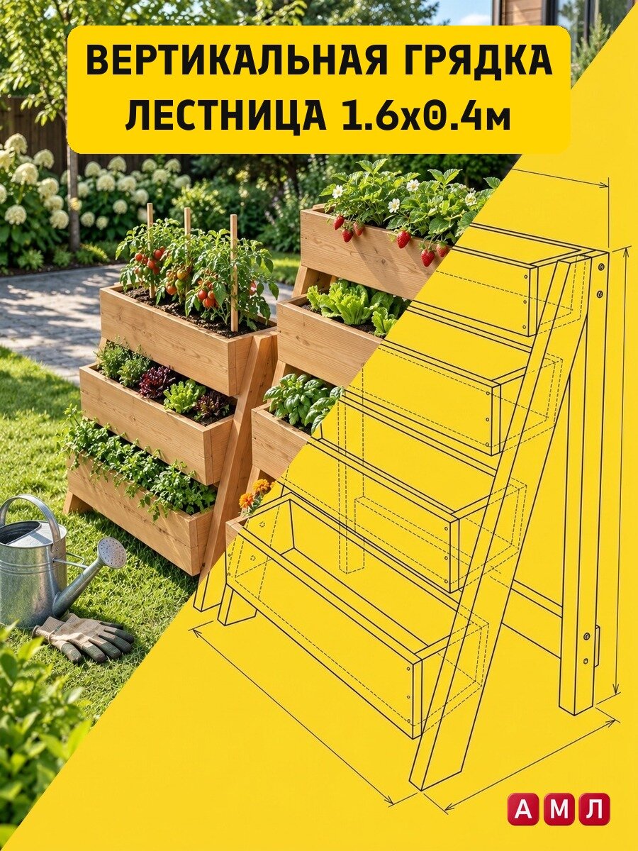 Проект чертёж многоярусной вертикальной грядки-лестницы 1,6х0,4 м своими руками - скачать и распечатать чертежи с размерами, пошаговая и поэтапная схема сборки 3D
