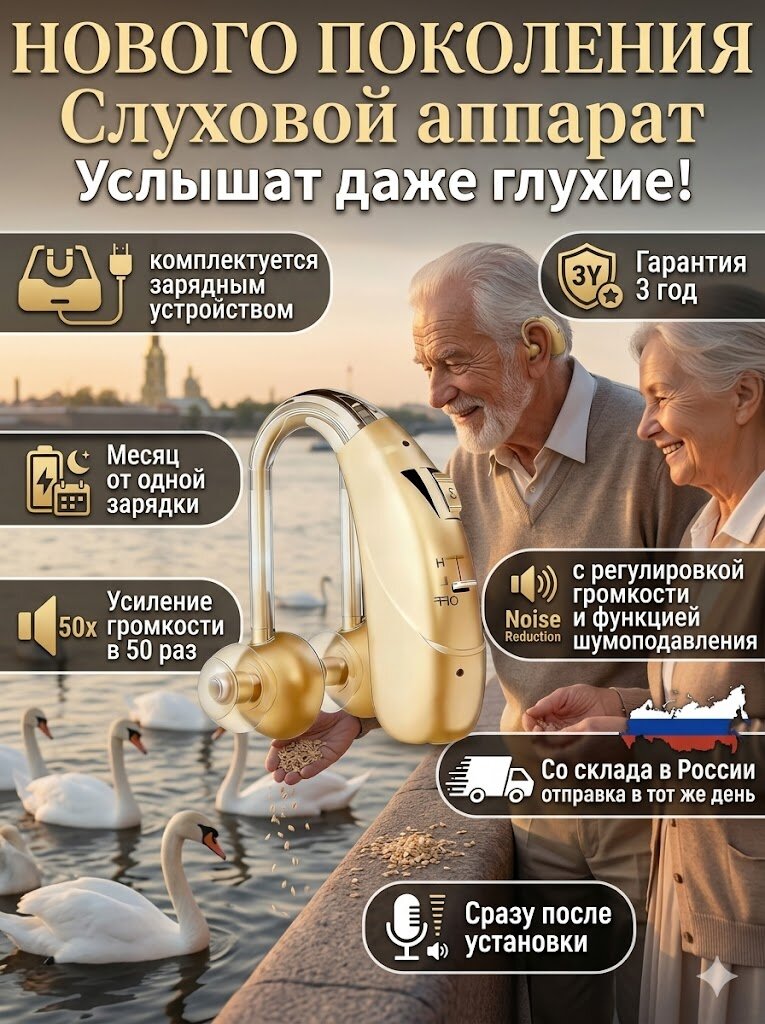 Накладной слуховой прибор с зарядным устройством для пожилых и взрослых