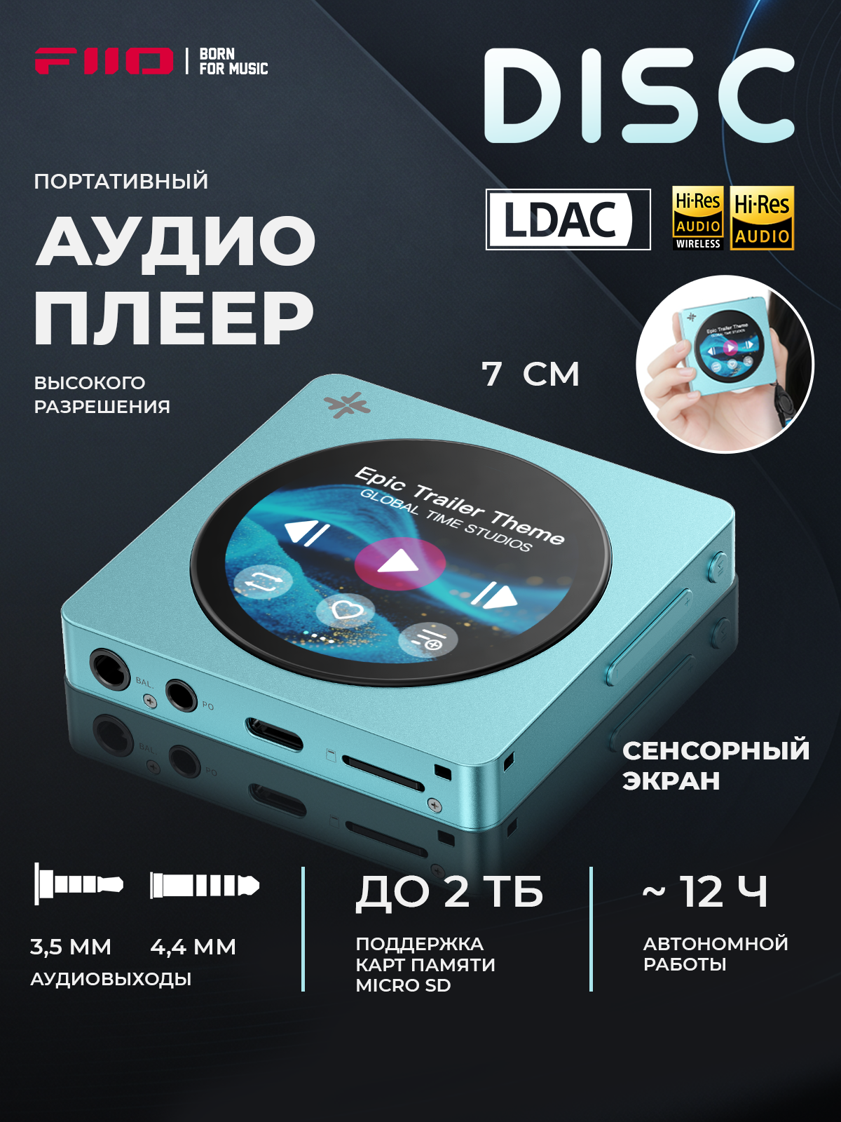 Аудиоплеер FIIO SNOWSKY DISC (F5381D) Синий, портативный, двойной ЦАП