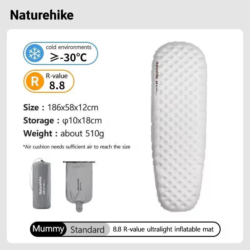 Naturehike Матрас для кемпинга R Value 8.8 Ультralегкий надувной подушка Для откры-air Переносной Палаточный Односпальный Влагоустойчивый Матрас-Мумия-186x58см