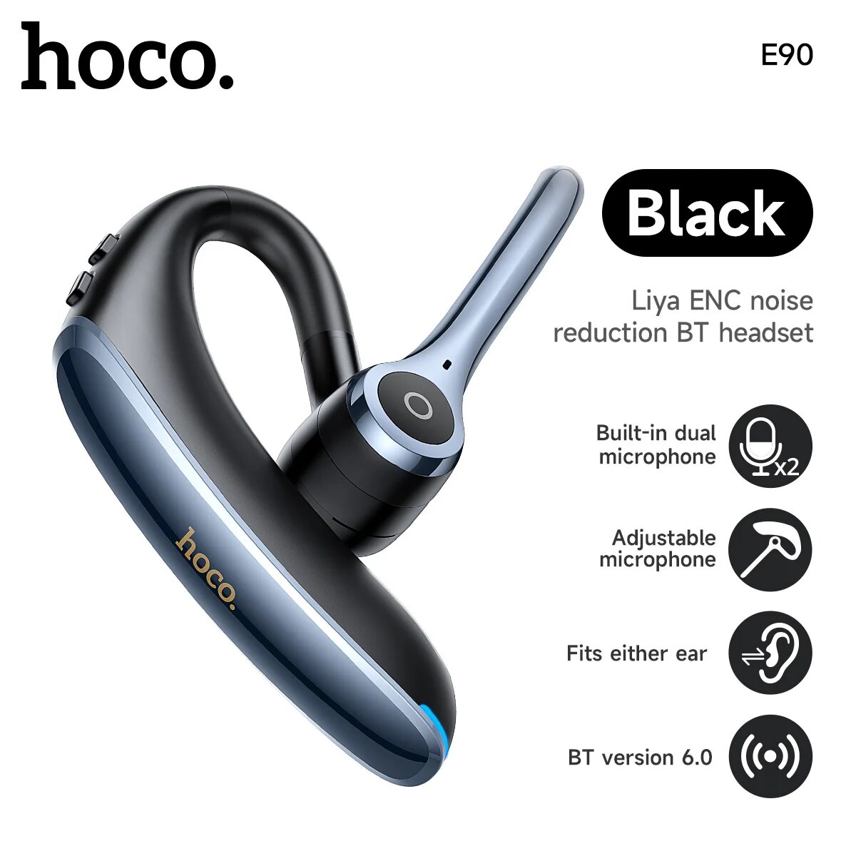 Беспроводная Bluetooth-гарнитура HOCO E90 ENC с шумоподавлением для звонков, заушная, версия 6.0, для вождения, моно, для бизнеса