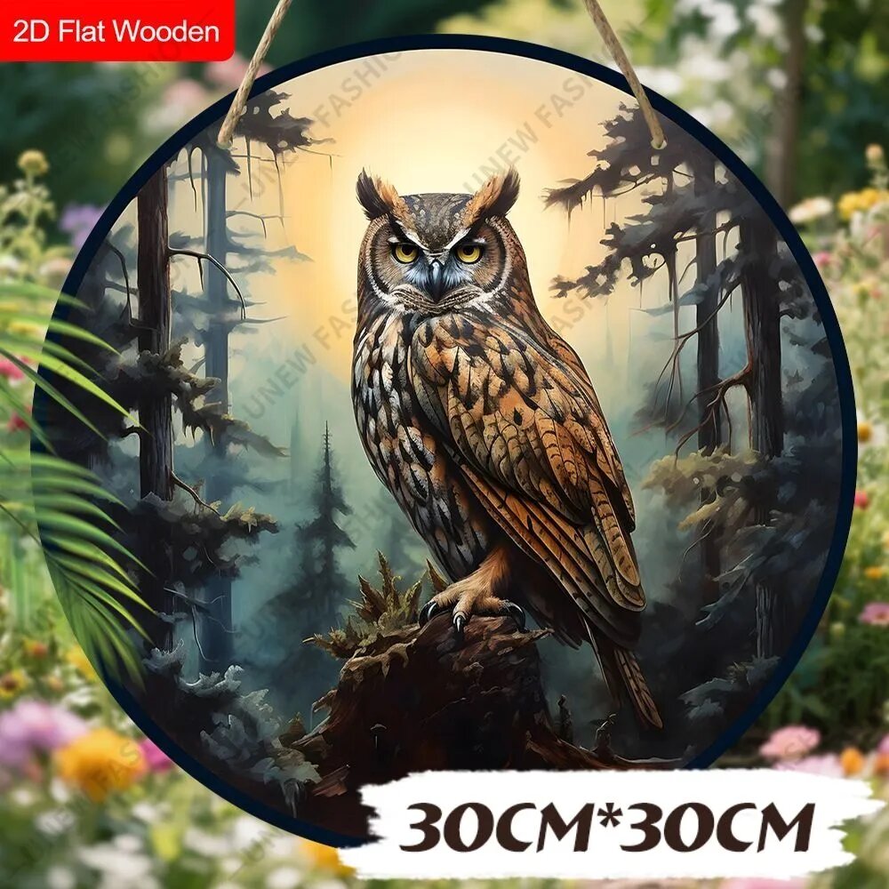 30cm*30cm, Декоративная подвесная табличка "Сова в лесу", 2D деревянный декор