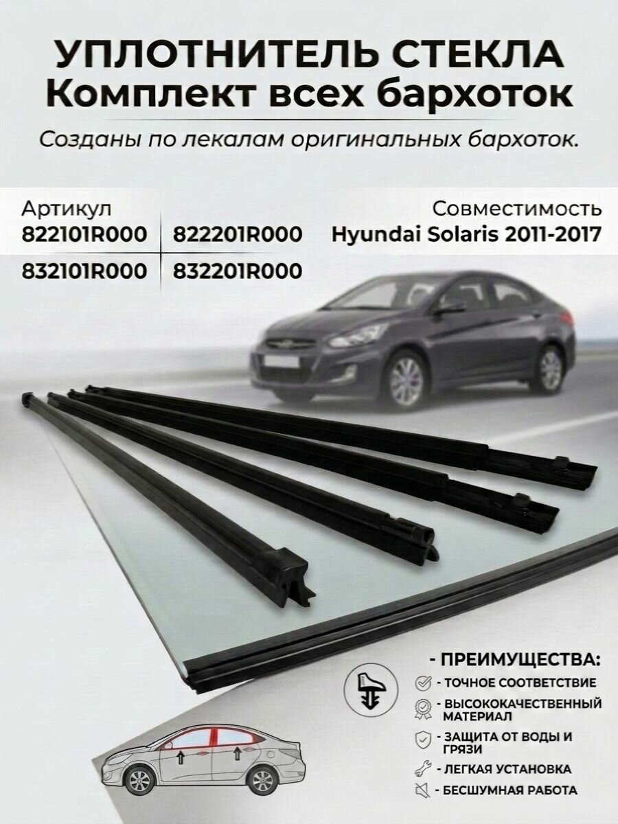 Комплект всех бархоток. Уплотнители стекол. 4 штуки. Для Hyundai Solaris 2011-2017. Артикула : 822101r000, 822201R000, 832101R000