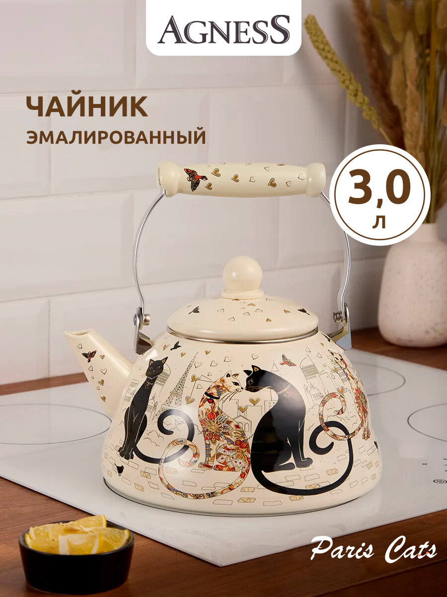 Чайник Agness "Парижские коты", эмалированный, 3л, для всех видов плит