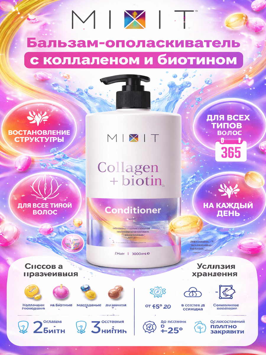 Бальзам-ополаскиватель Mixit с коллагеном и биотином, 1л