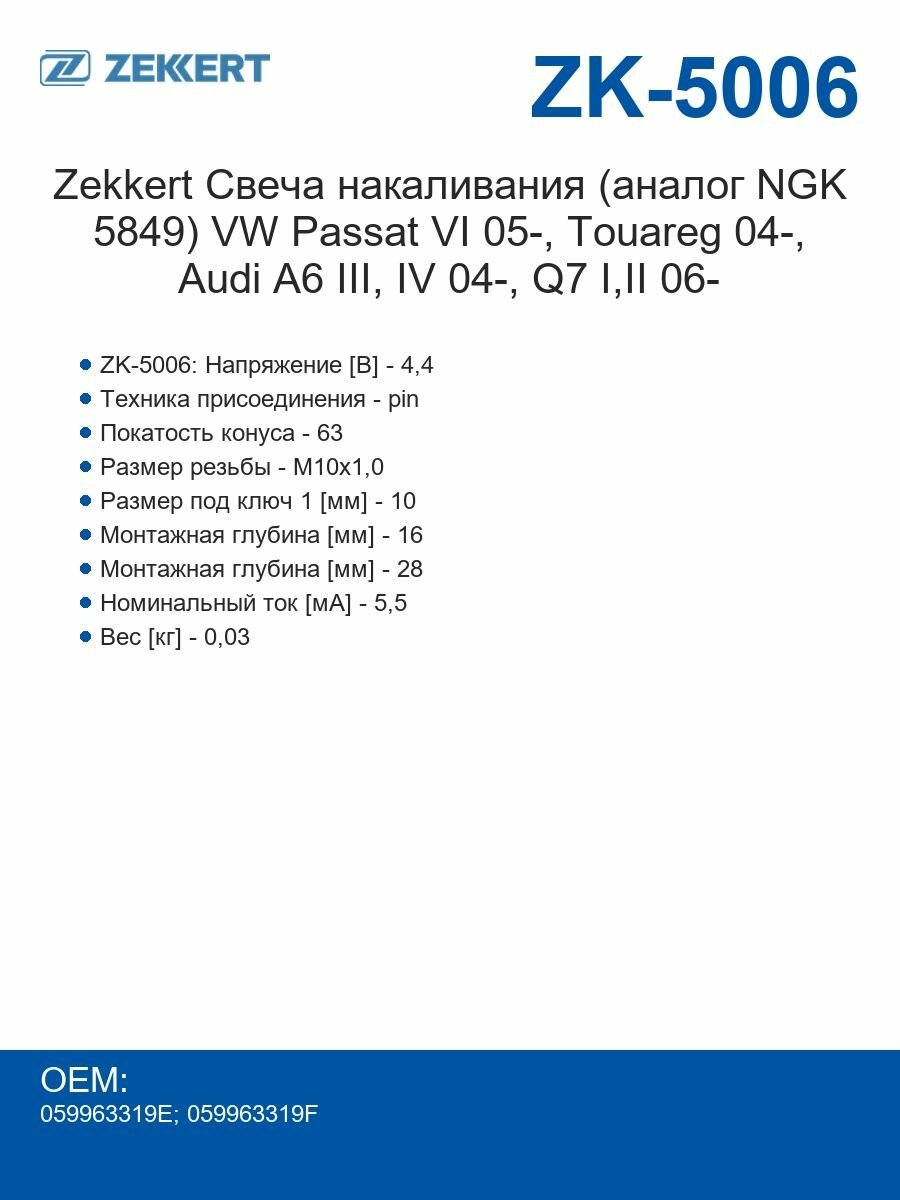 Zekkert Свеча накаливания (аналог NGK 5849) VW Passat VI 05-, Touareg 04-, Audi A6 III, IV 04-, Q7 I, II 06-