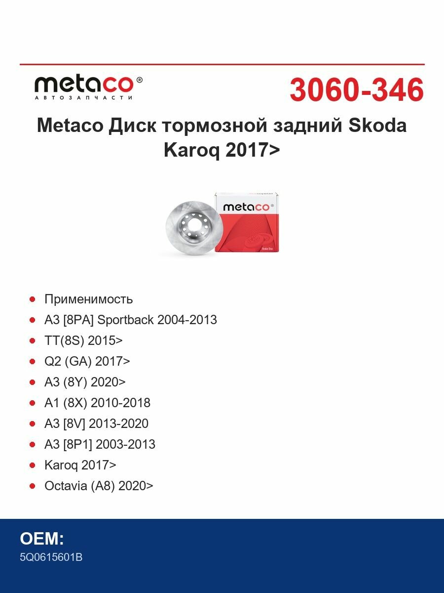 Metaco Диски тормозные задний Skoda Karoq 2017>
