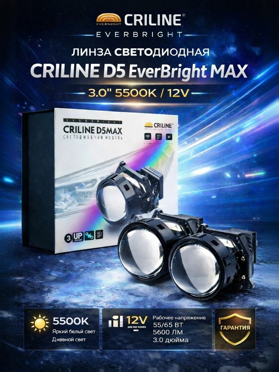 Би лед линзы Criline D5 MAX Everbright, 12V, 5500k, BI LED линзы 3.0, модули 2шт.