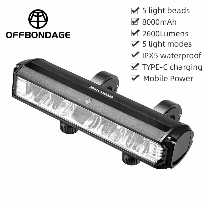 OFFBONDAGE Велофонарь 2600 Люмен, 8000mAh, IPX5, 5 Modes, USB-C, Mobile Power, Color:
