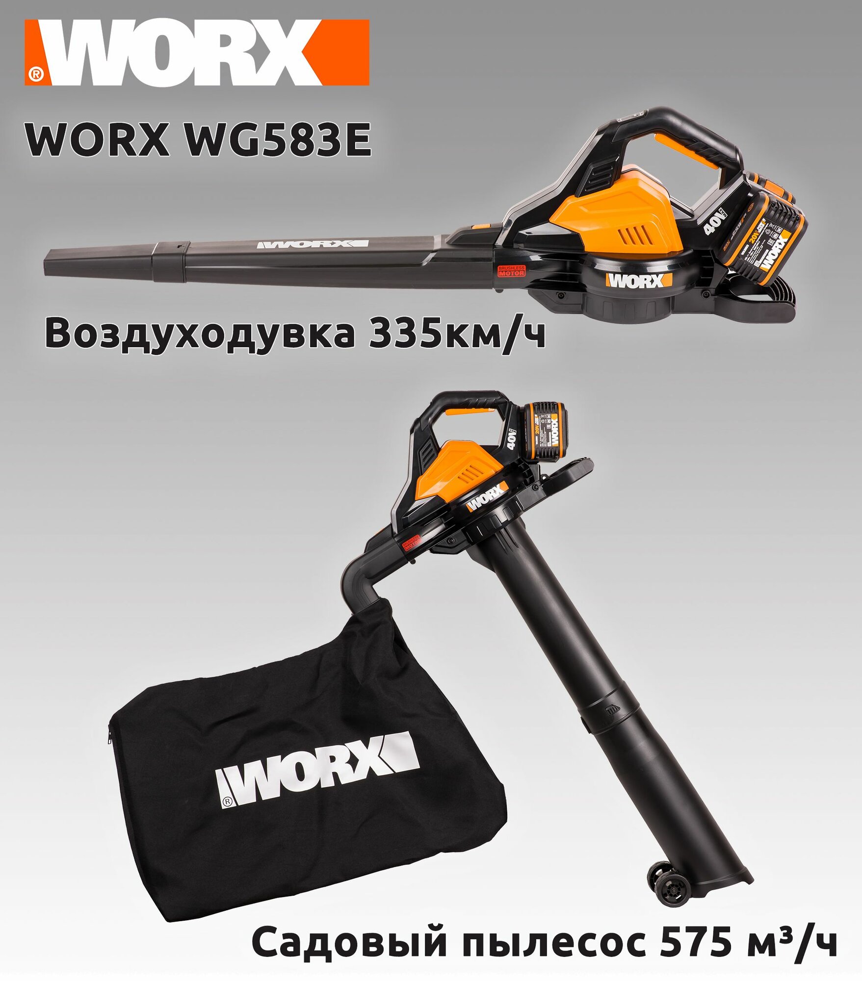 Аккумуляторный бесщеточный воздуходув-пылесос Worx WG583E, 40В, 2 АКБ по 4 Ач, двойное ЗУ 2А