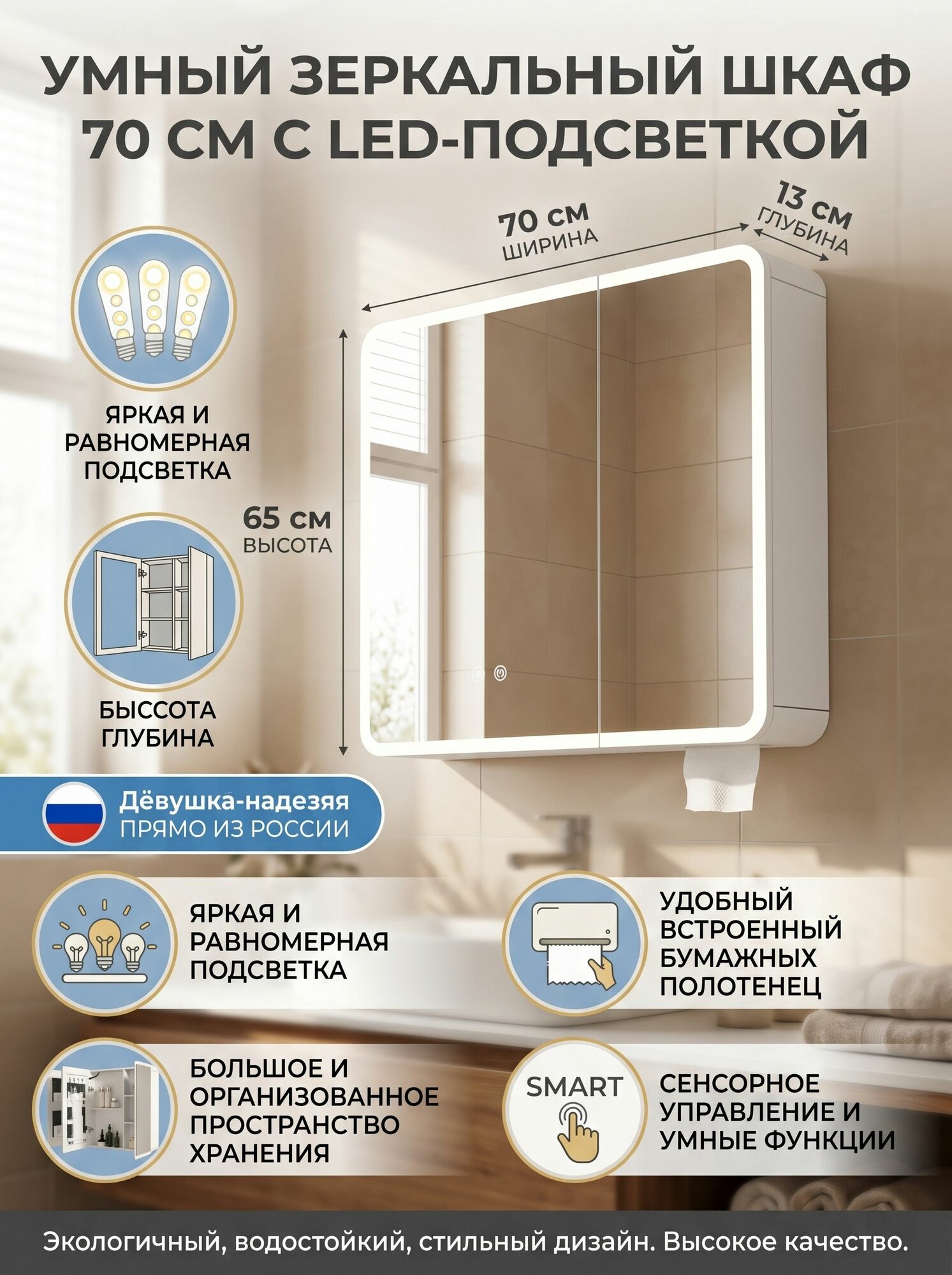 Зеркало косметическое 70х65 см прямоугольное антизапотевающее покрытие, бесконтактный сенсор