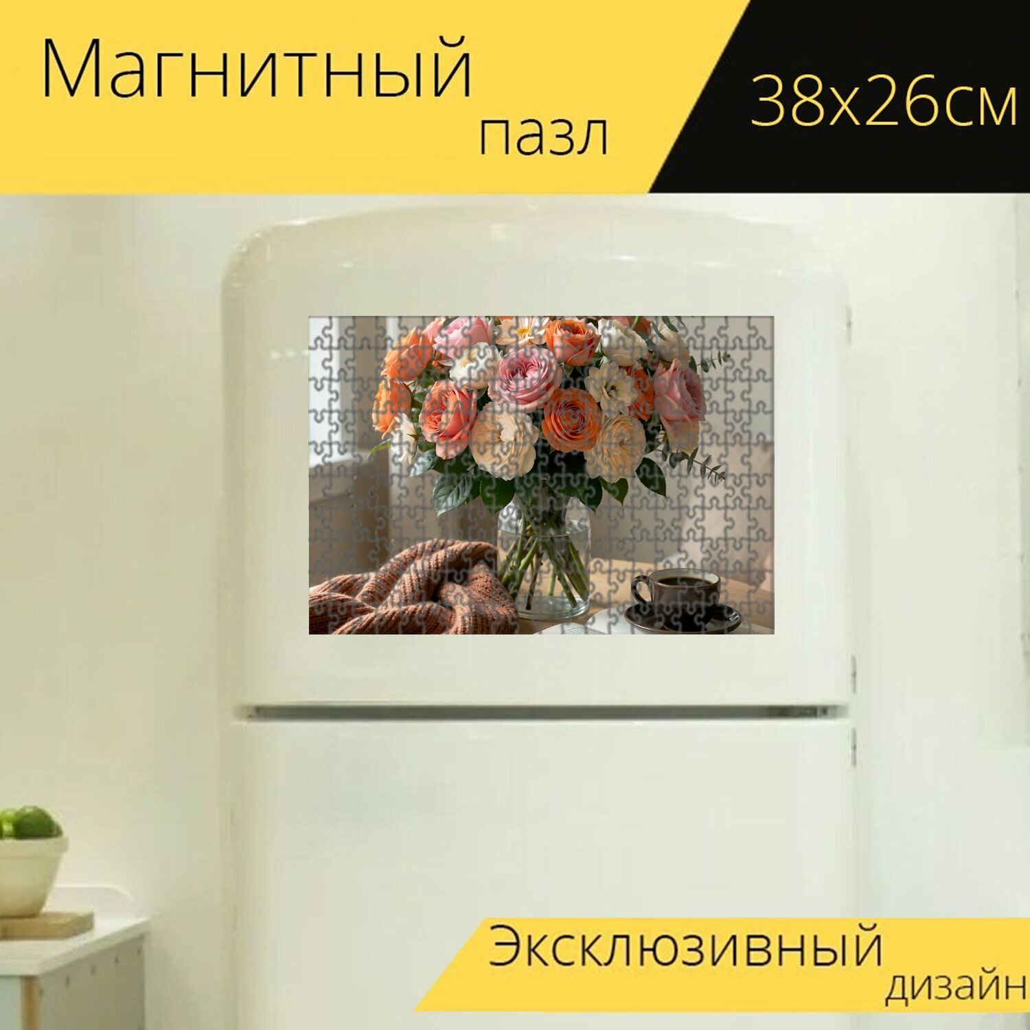 Магнитный пазл "Нежный букет в интерьере. Пышная композиция из розовых, персиковых и кремовых бутонов в прозрачной вазе, рядом книга, чашка кофе и уютный." для интерьера, 38х26 см.