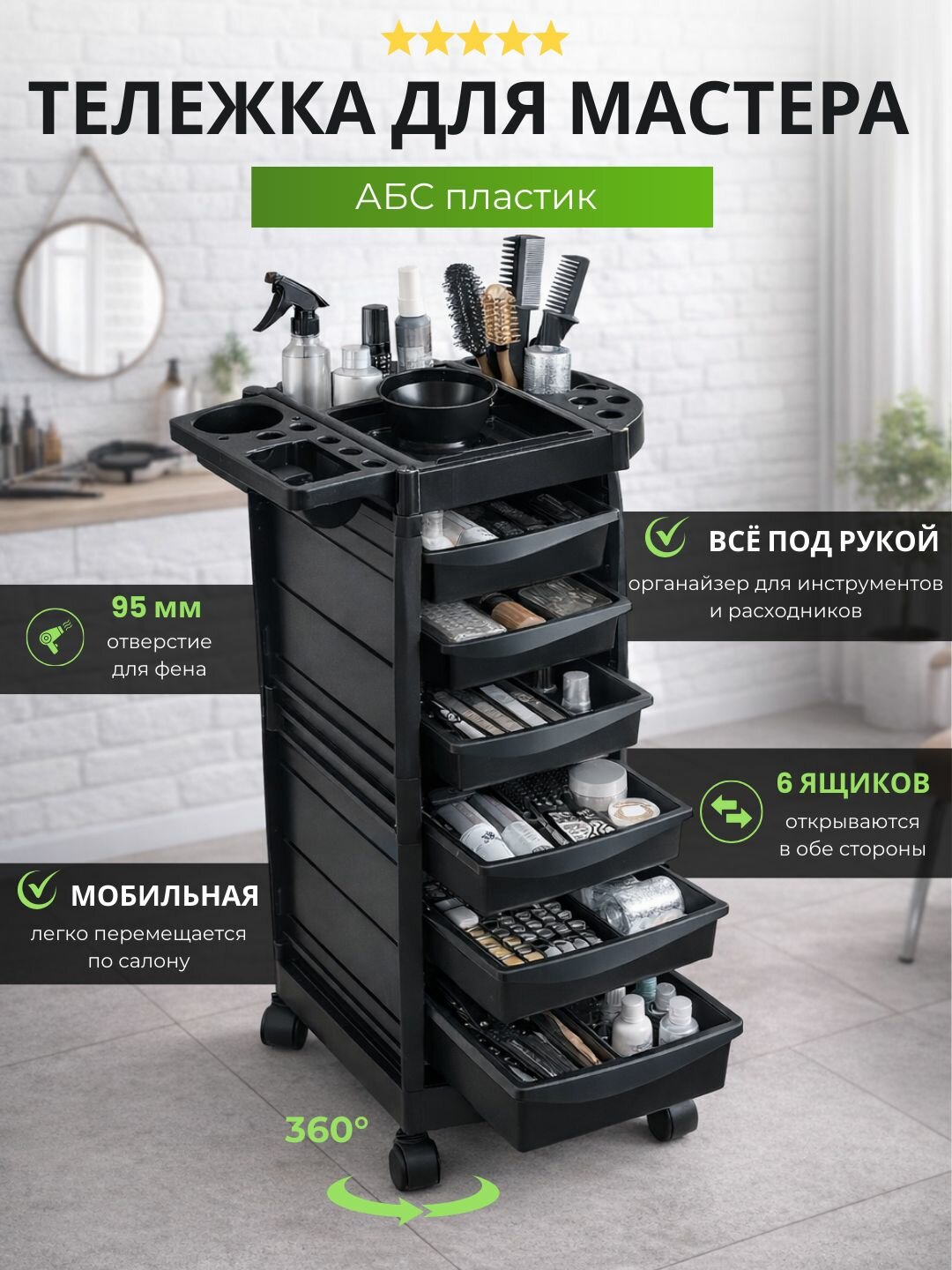 Тележка парикмахерская косметологическая на колесиках 6 ящиков