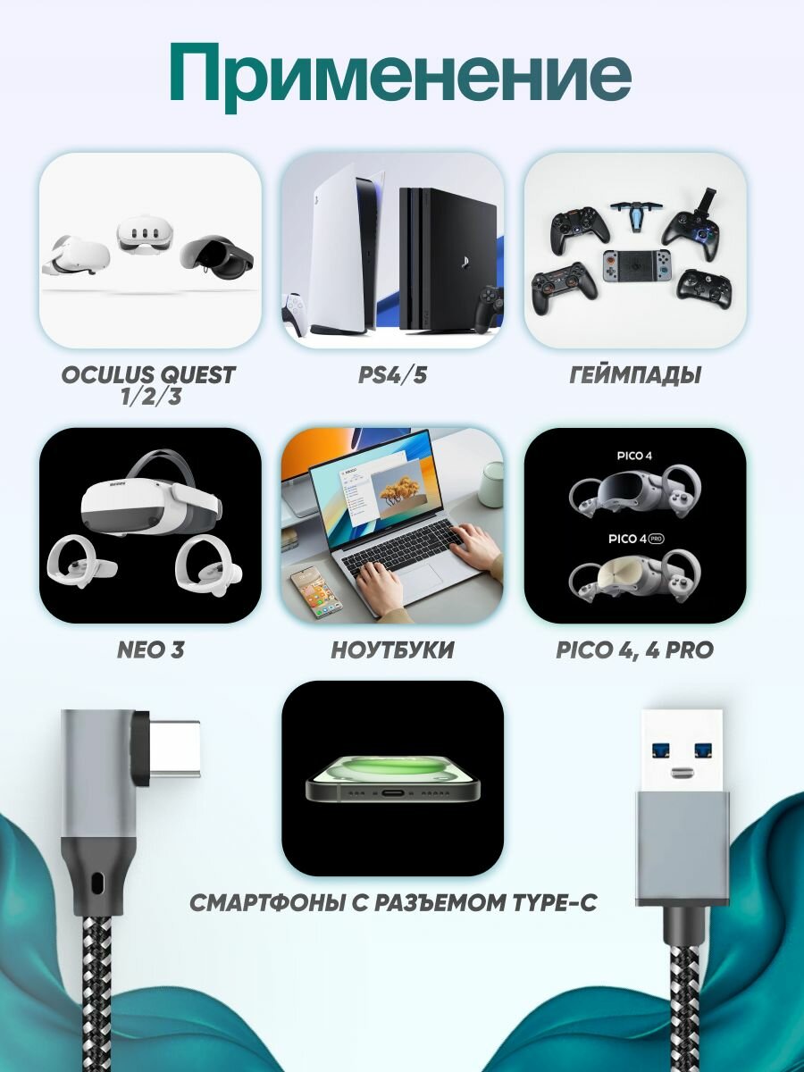 Кабель Oculus Link Type C - USB 3.2 (Oculus/Meta Quest 1/2/3, Pico 4) 5м Virtual Reality Headset Fast Charing & PC Data Transfer 60W/5A провод - кабель