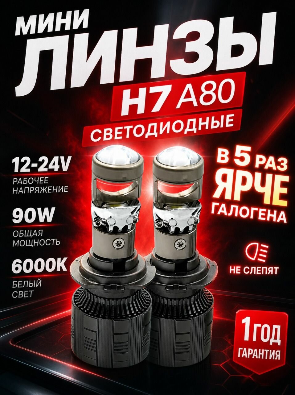 Мини линзы H7 A80 СТГ, 6000K Лампа светодиодная с линзой h7, CANBUS без ошибок, 2 шт