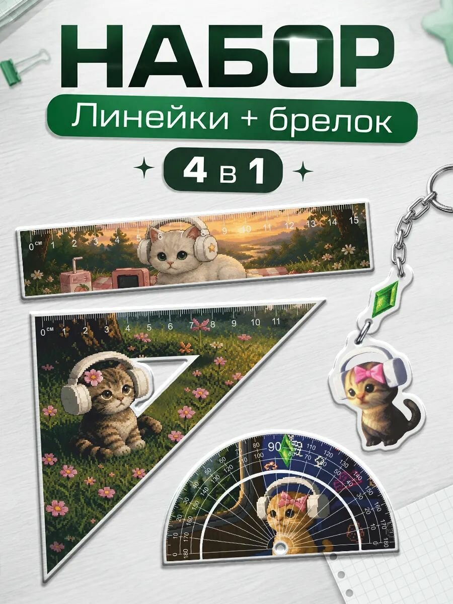 Набор линеек для школьника с транспортиром котик в наушниках