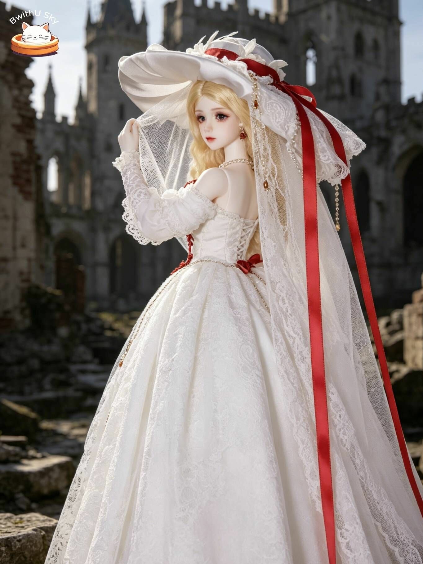 BwithUSky Ariana 1/4 BJD Кукла: Роскошный свадебный комплект в винтажном стиле с кружевом и рубиновыми декорами
