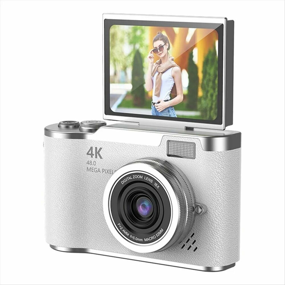 Фотоаппарат 4K CCD с 8-кратным цифровым зумом, поворотным экраном на 180 градусов, белый.