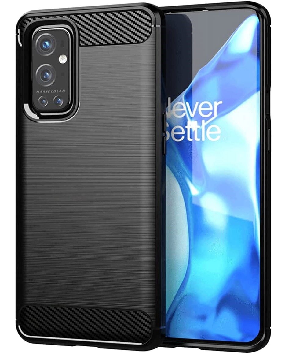 Чехол на OnePlus 9 Pro силиконовый карбон сталь чёрный противоударный