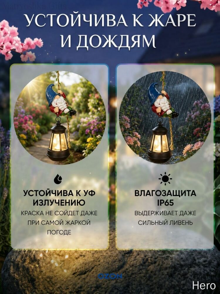 Садовый светильник-гном Hero с солнечной зарядкой, 26 см, 8 часов свечения, для сада — фото 1