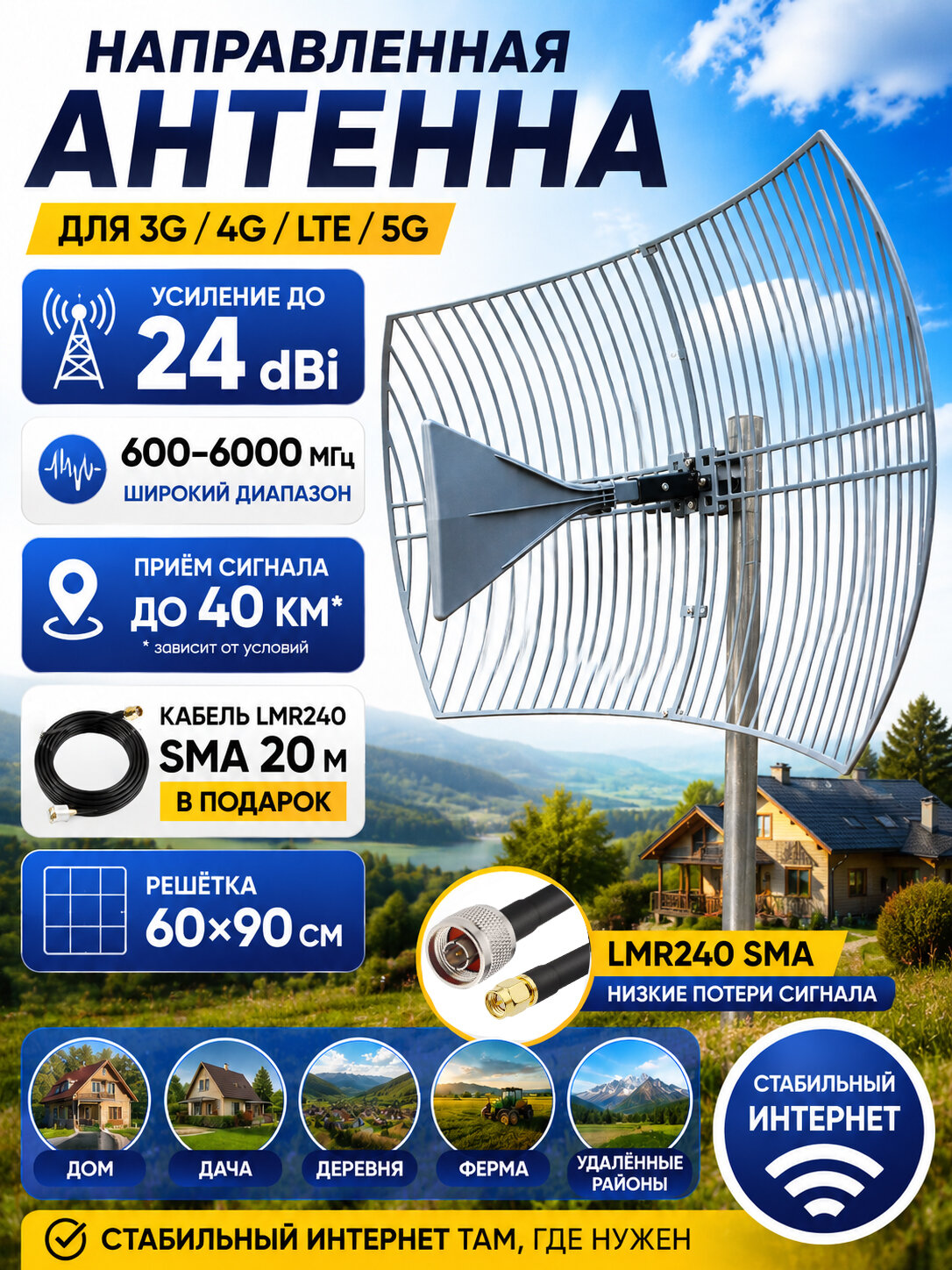 Комплект антенны 24 dBi решетчатая антенна 60×90 см реугольный облучатель + кабель LMR240 SMA 20 м 3G/4G/LTE/5G