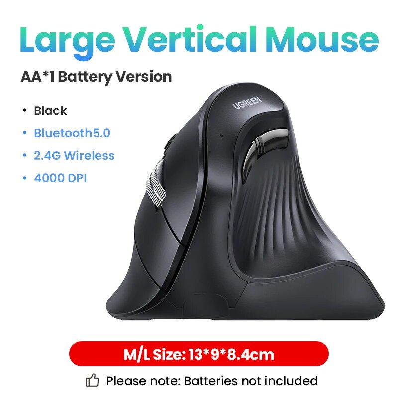 UGREEN Вертикальная мышь Bluetooth 5.0, 4000 DPI, Silent Click