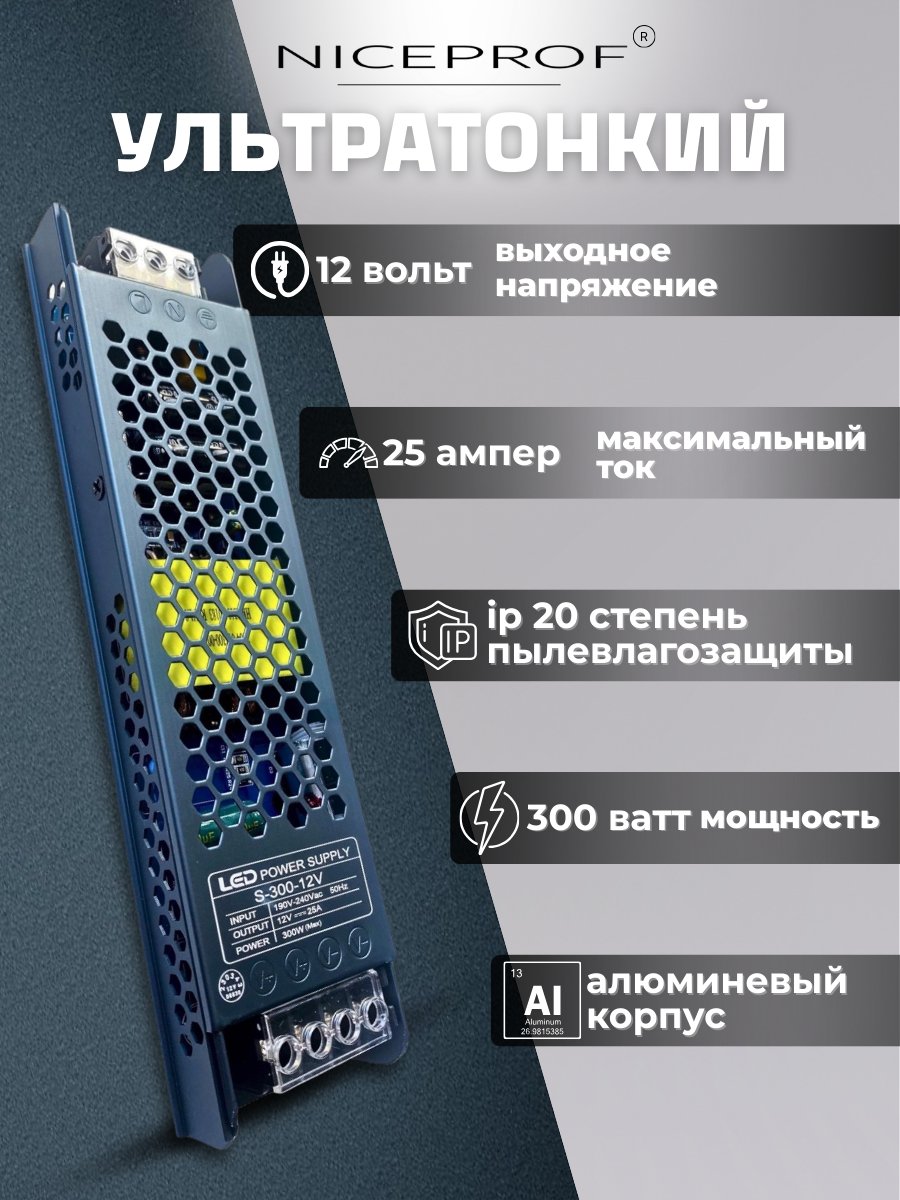 Блок питания для светодиодной ленты 12 В 300 Вт 25 А универсальный