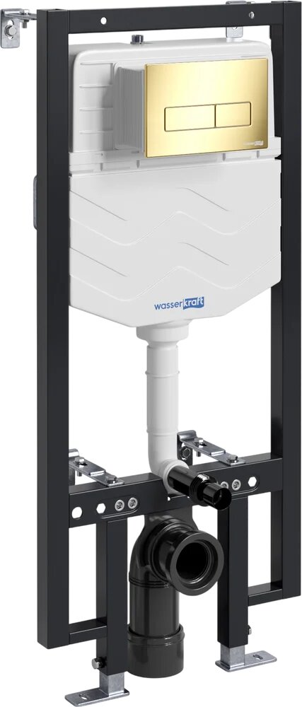 Инсталляция с кнопкой Wasserkraft Vils 56TLT.010. ME. PG03 50 см, крепление к стене/к полу, с регулировкой по высоте, кнопка для унитаза золотая, глянцевая, с шумоизоляцией