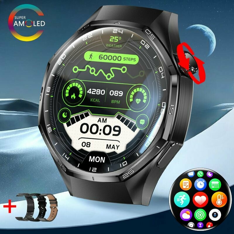 Смарт часы мужские круглые Smart Watch Watch6max с функцией вызова по Bluetooth,3 ремешка,