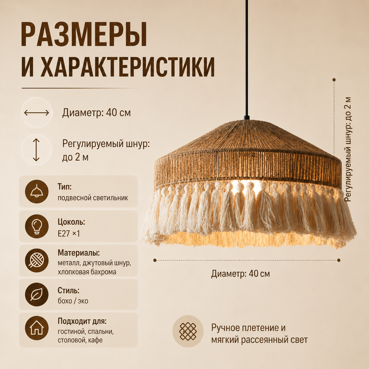 Потолочный светильник в стиле бохо, регулируемая цепь, площадь освещения 8‑12 кв. м — фото 1