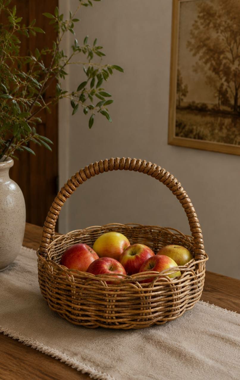 Корзина с ручкой , Экоротанг, ручная работа , 24 см, цвет Орех.
