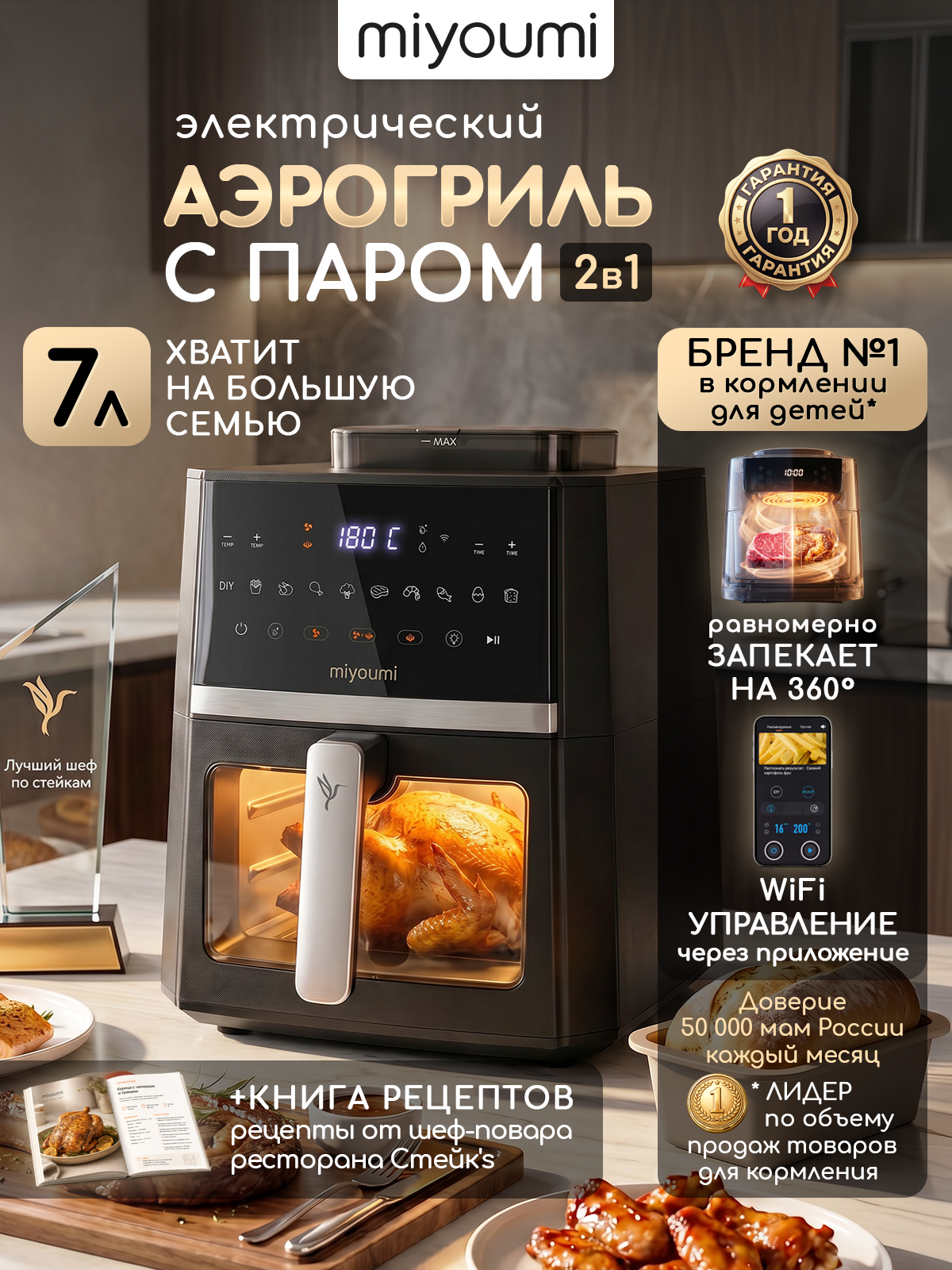Аэрогриль 7 л с функцией пара и Wi-Fi управлением, с функцией самоочистки