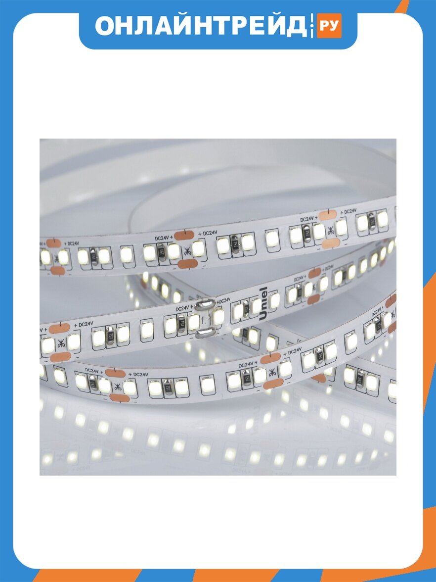 Светодиодная лента Uniel ULS-2835-168LED/m-10mm-IP20-DC24V-14W/m-5M-6500K Катушка 5 м. Белый свет (6500K). ТМ .