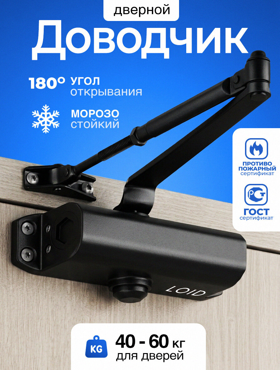 Доводчик дверной морозостойкий Loid 401 Black черный, от 40 до 60 кг, уличный
