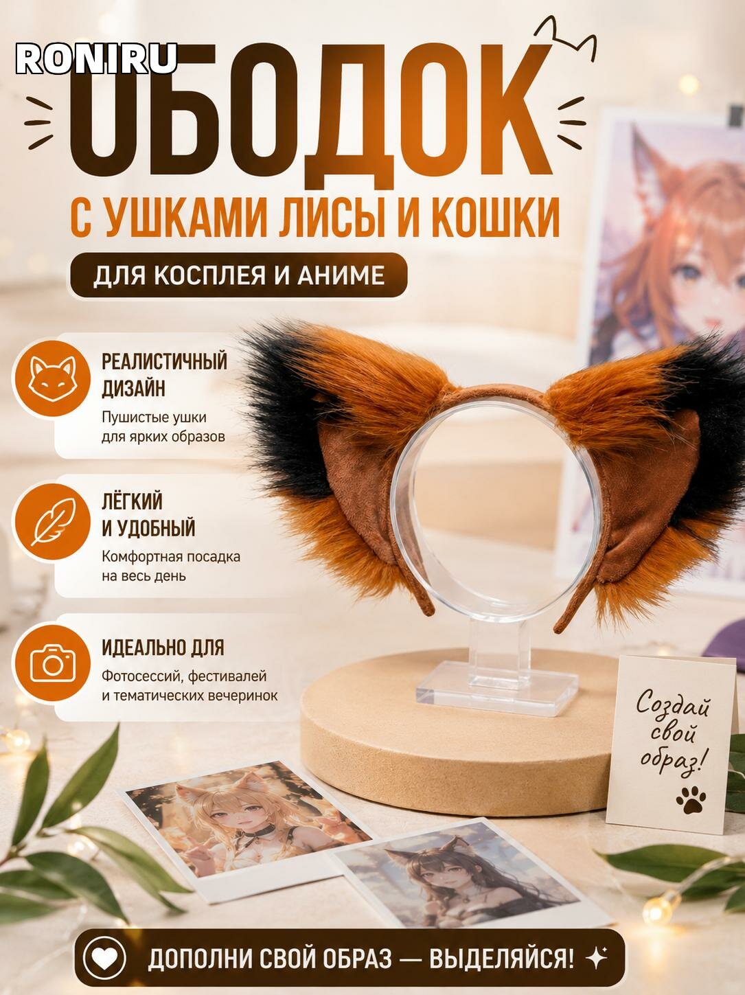 Ободок с ушками лисы и кошки для косплея и аниме — аксессуар для фотосессий, фестивалей и тематических вечеринок